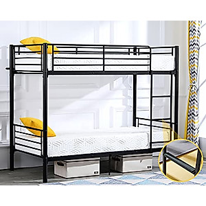 Bonnlo Bunk Bed Twin Over Twin, Twin Bunk Beds for Kids/Teens/Adults, Flat Ladder and High Guardrail, Metal Bunk Bed with Stairs, Black