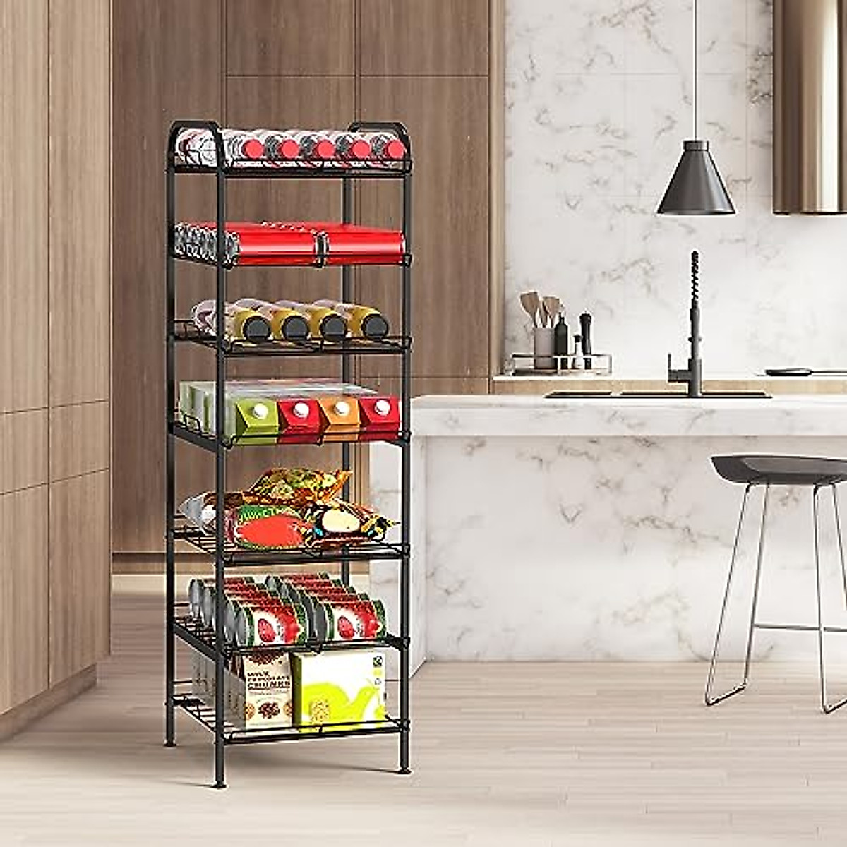 Water Bottle Organizer 7 Tier Free Standing Water Bottle Storage Organizer Metal Bottle Rack Holder Stand Shelf for Kitchen Pantry Food Storage (Black)