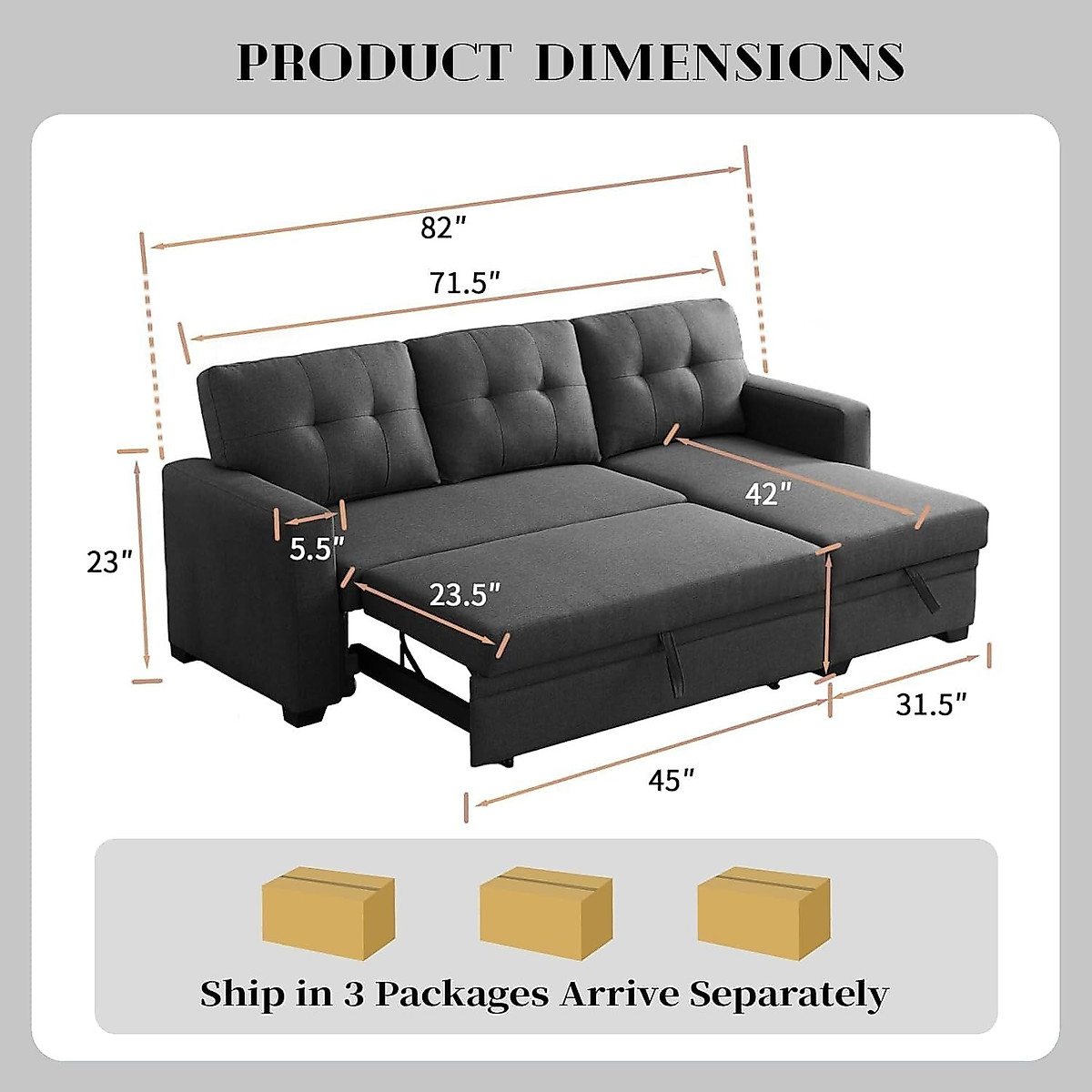 MMTGO 82" L-Shape Reversible Linen Sleeper Sectional Sofa, with Pull Out Bed, Storage Chaise and Arms, Corner Couch for Apartment, Dorm, Living Room
