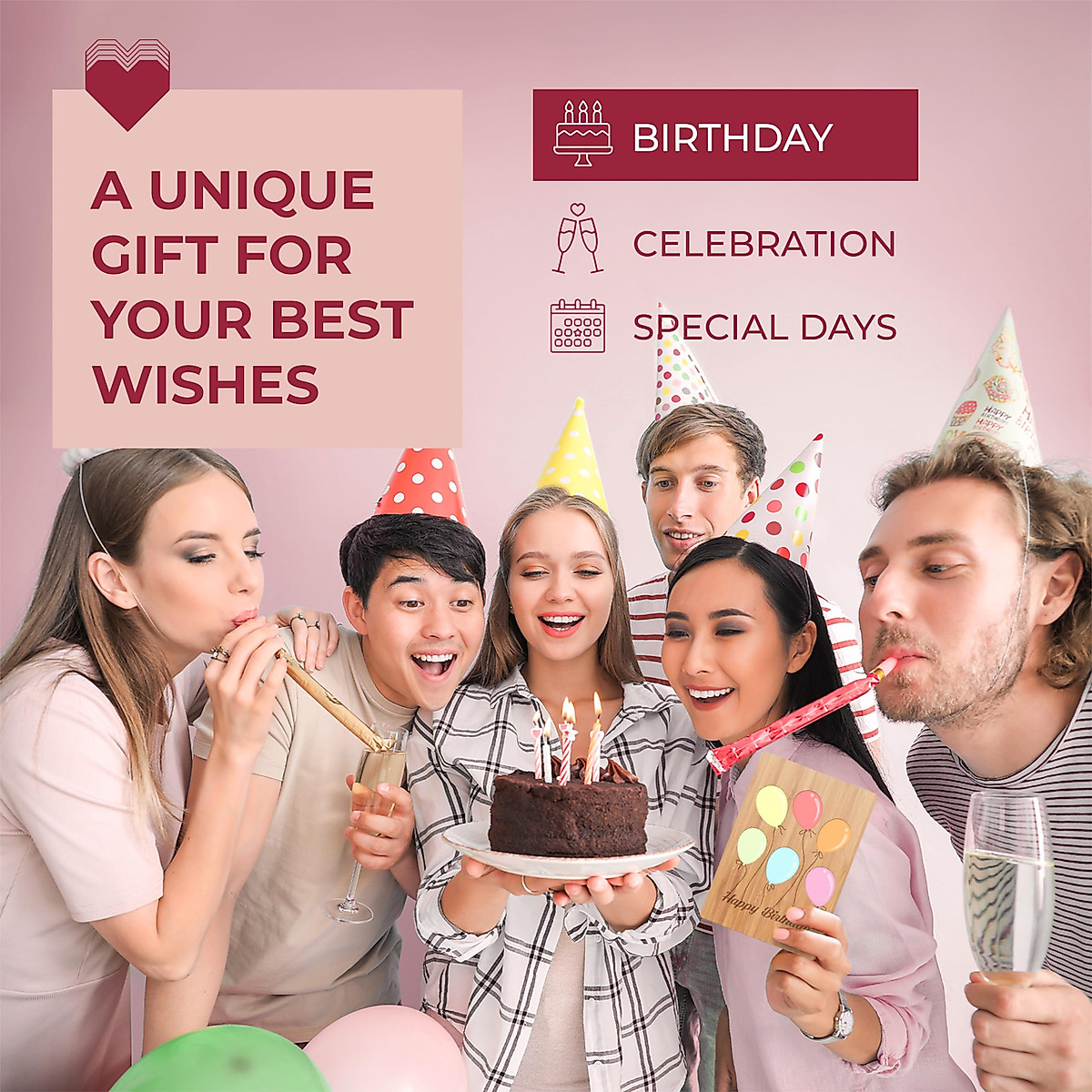 HeartSpaceCards - Happy Birthday Card, Handmade Sustainable Bamboo Birthday Card, Unique Birthday Cards for Women, Men, Husband, Wife, Dad, Son - Balloon Party