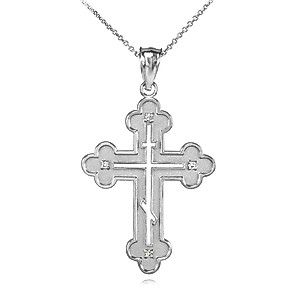 Sideways Crosses Religious Jewelry 14k White Gold Eastern Orthodox Cross Charm Pendant Necklace with Diamonds, 18"