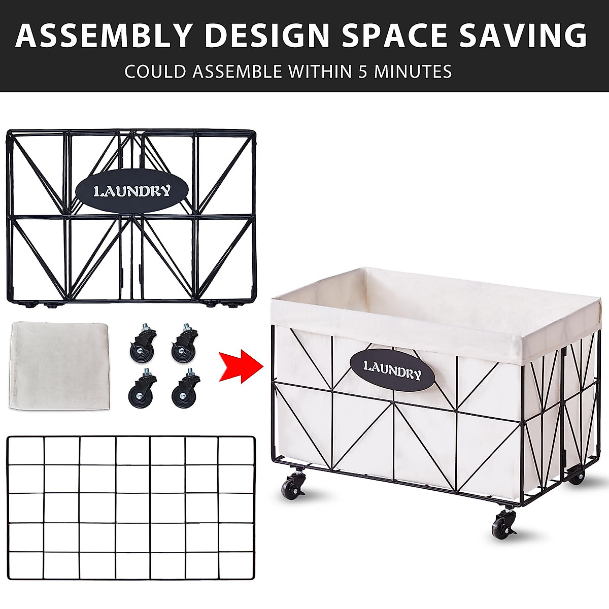 Mxfurhawa Collapsible Laundry Hamper with Wheels, 65L Capacity and Removable Liner, Sturdy Metal Frame for Clothes Storage and Transport - Convenient Laundry Basket for Home Use (65L-LB-Black)