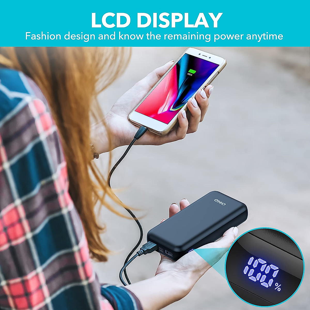 CHHID LCD Display Portable Charger Power Bank,Dual USB 26800mAh Phone Charger,5V 2A Battery Pack for Heated Vest,Heated Jacket,iPhone,Android etc.