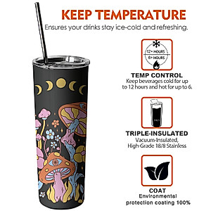 thmasamwr Mushroom Skinny Tumbler With Straw and Lid, Stainless Steel 20oz Coffee Travel Mug, Cute Moon and Mushroom Cups for Mushroom Lovers Gifts for Women and Girls