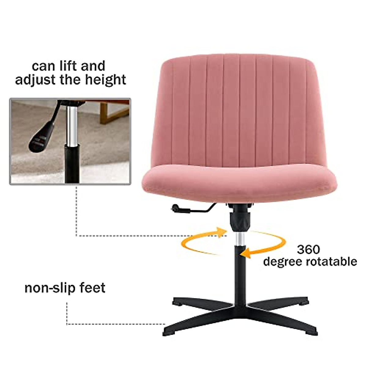 Velet Armless Office Chair no Wheels, PU Leather Home Desk Chair Height Adjustable Wide Swivel Office Chair no Arms, Mid Back Ergonomic Cross Legged Office Chair Pink