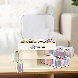 Yomjarl Sewing Supplies Organizer 3 Tier Thread Box Storage Large Sewing Organizer with Many Compartments Portable Plastic Organizer for Storage Sewing and Crafting Supplies (Box Only), Clear