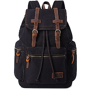 Bluboon Canvas Vintage Backpack Leather Casual Bookbag Men Rucksack (Black)