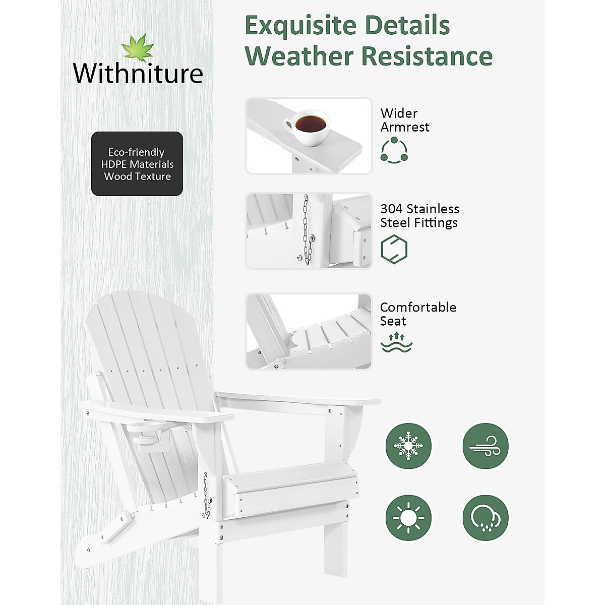 Withniture Folding Adirondack Chairs, HDPE Adirondack Chair Wood Texture Plastic Adirondack Chairs with Cup Holder, Weather Resistant Fire Pit Chairs for Backyard Deck, White