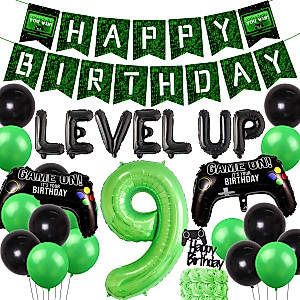 Video Game 9th Birthday Party Decoration for Boys Game on Gaming Theme Party Supplies Game Controller Level Up 9 Balloon Happy Birthday Banner Cake Topper
