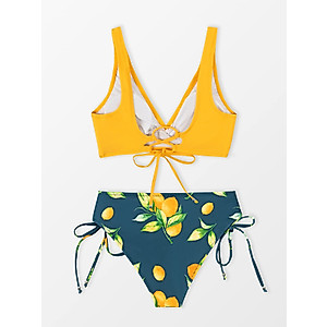 CUPSHE Women's Bikini Swimsuit Floral Print Tie Side Twist Front Two Piece Bathing Suit, L Yellow