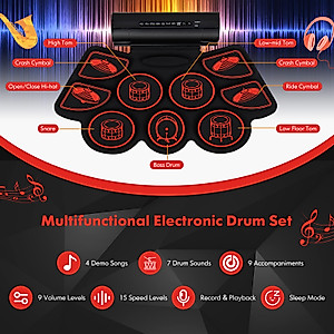 Costzon Electronic Drum Set, 9-Pad Digital Drum Kit w/ 2 Stereo Speakers, Drum Sticks, Foot Pedals, USB & Audio Cable, Headphone Jack, Portable Roll-up Drum Pad, Ideal Gift for Kids Adults (Red)