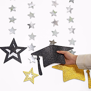 Cheerland Gold Silver Black Graduation Party Decoration Kit Black Cap Decor Shiny Congrats Grad Banner Star Hat Garland Streamer Banner Backdrop Photo Booth Background for Ceiling Home Classroom