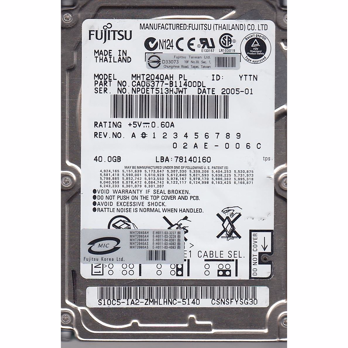 MHT2040AH-PL FUJITSU 40GB 2.5INCH IDE HARD DRIVE P/N: MHT2040AH-PL - FUJITSU