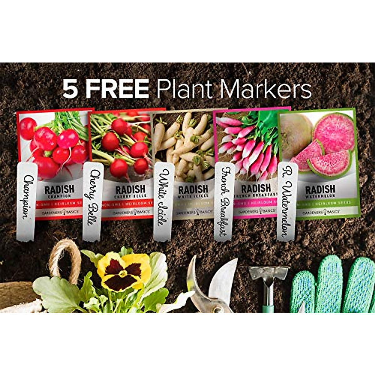 Radish Seeds for Planting 5 Individual Packets - Watermelon, French Breakfast, Champion, Cherry Belle, White Icicle for Your Non GMO Heirloom Vegetable Garden by Gardeners Basics