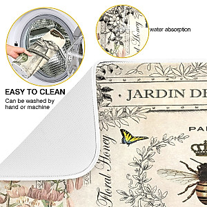 Vintage Bee Garden Dish Drying Mats for Kitchen Counter Reversible Absorbent Polyester Material Large Kitchen Microfiber Mat 18 x 24 Inch