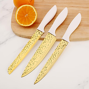 Kitchen Knife Set Non Stick Knives Set with Block Cutlery Knife Block Sets, Serrated Steak Knife, Scissors and Sharpener, 15Pcs Stainless Steel Chef Sharp Quality with Gold Blade for Home & Pro Use