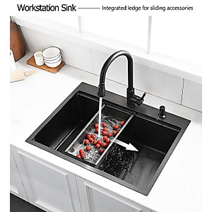 Luckyhorse 28 inch Black Drop in Kitchen Sink Farmhouse Sink with Workstation,16 Gauge Deep Black Stainless Steel Sinks for Kitchens.LH005S