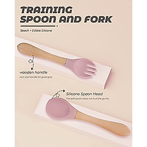 10 Pieces Bamboo Baby Spoons & Baby Forks Set, Chewable Baby Utensils for Self-Feeding, Bamboo and Silicone Baby Utensils, Kids Utensils for Over 6 Months Babies