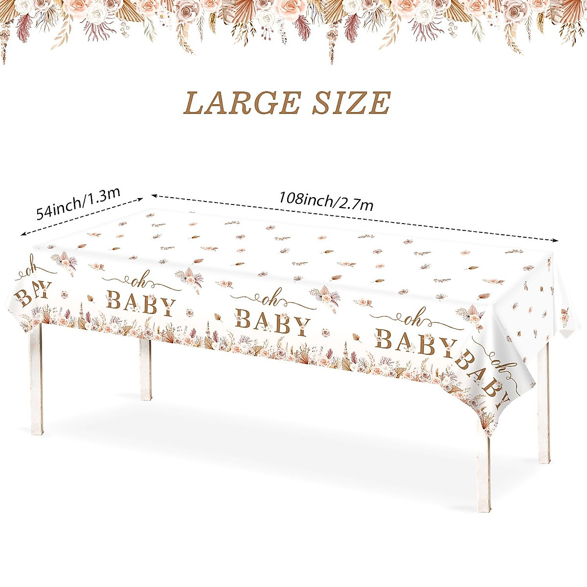 Lopeastar 3Pcs Boho Baby Shower Decorations Tablecloths, Bohemian Pampas Grass Floral Oh Baby Table Cloths, 58 x 108 Inch Large Rectangular Boho Table Covers Party Supplies for Girls Kids