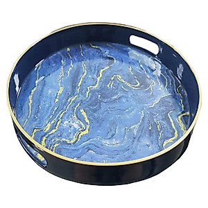Decorative Trays with Handles Round Serving Breakfast Trays 13” for Home Mini Coffee Bars Table Ottoman Livingroom Bathroom (Dark Blue)