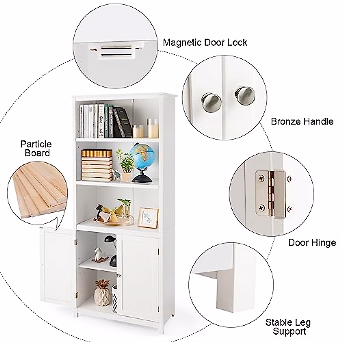SILKYDRY Bookshelf with Storage Cabinet, 3-Tier Open Shelf, Standing Tall Bookcase with Double Doors, Anti-Tipping Device & Adjustable Shelves, Versatile Book Shelf for Home Office (White)