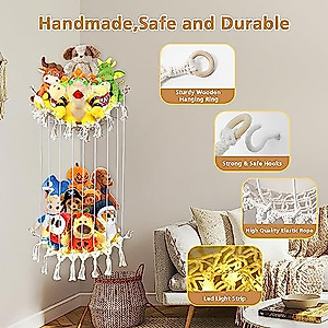 Timart Stuffed Animal Net or Hammock, Length Adjustable Stuffed Animal Storage, Corner Plush Toys Holder with Lights, Boho Mesh Decoration Hanging Toy Organizer for Kids Bedroom