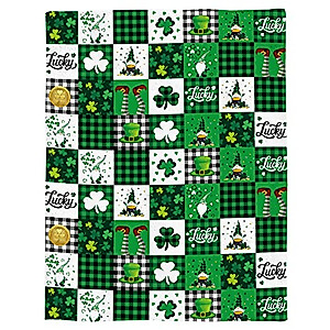 Green Buffalo Plaid Clover Soft Fleece Throw Blankets for Couch, Saint Patrick Microfiber Bed Blanket, St. Patrick's Day Gnome, 40x50inch Flannel Blanket Cover for Sofa Travel, for All Seasons