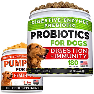 Dog Probiotics + Pumpkin for Dogs Bundle - Allergy, Gas, Diarrhea + Constipation, Food Sensitivity,Scoot - Digestive Enzymes + Prebiotics + Pure Pumpkin Powder - Immunity - 180ct + 8.1oz - Made in USA