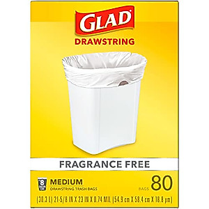 Glad Medium Drawstring Trash Bags, 8 Gallon, White, Fragrance Free, 80 Count, Pack May Vary