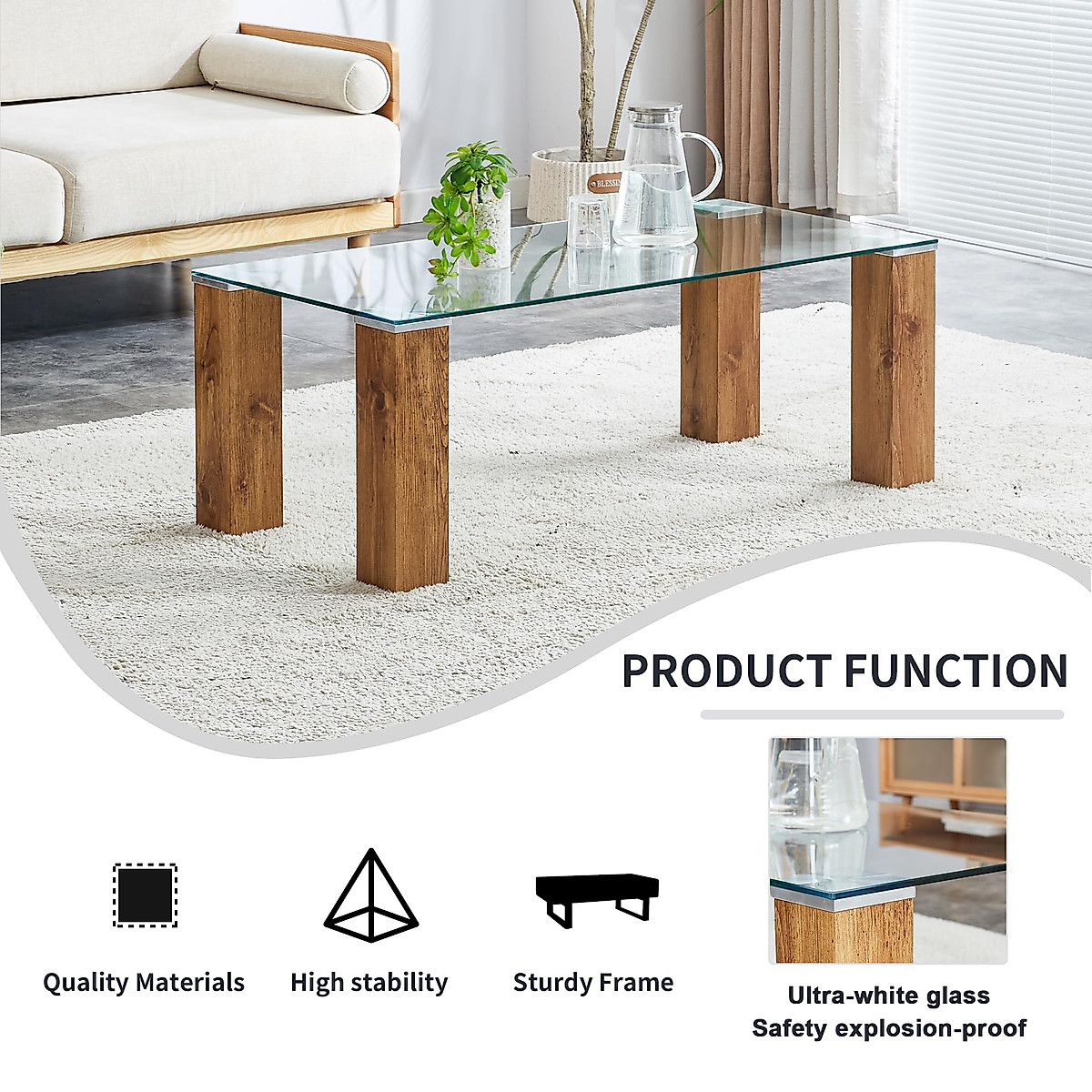 CIATRE Glass Coffee Table, Modern Tempered Clear Coffee Tables with Solid Wood Legs Decor for Living Room, Modern Small Glass Living Room Tables，44.9"*21.7"*16.9"