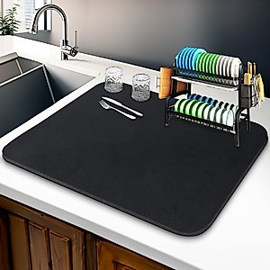 WIFER Dish Drying Mat for Kitchen Counter, Large 24"x 16"Hide Stain Rubber Backed Absorbent, Quick Drying, Non-Slip, Easy to Clean, Perfect Coffee Mat Coffee Bar Accessory & Under Appliance Mat Black