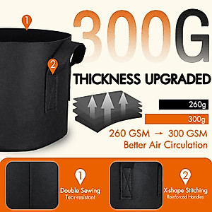 Gardzen 10-Pack 5 Gallon Grow Bags, 300G Thickened Aeration Fabric Pots with Handles, Heavy Duty Cloth Pots for Plants