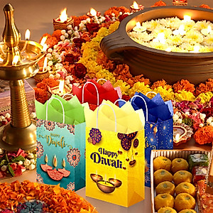 Kolldenn 48 Pcs Happy Diwali Gift Bags with Tissue Paper Festival of Lights Favors Bags with Handles Indian Diwali Goodie Gift Bags for Diwali Deepavali Party Indian Celebration Supplies Decoration