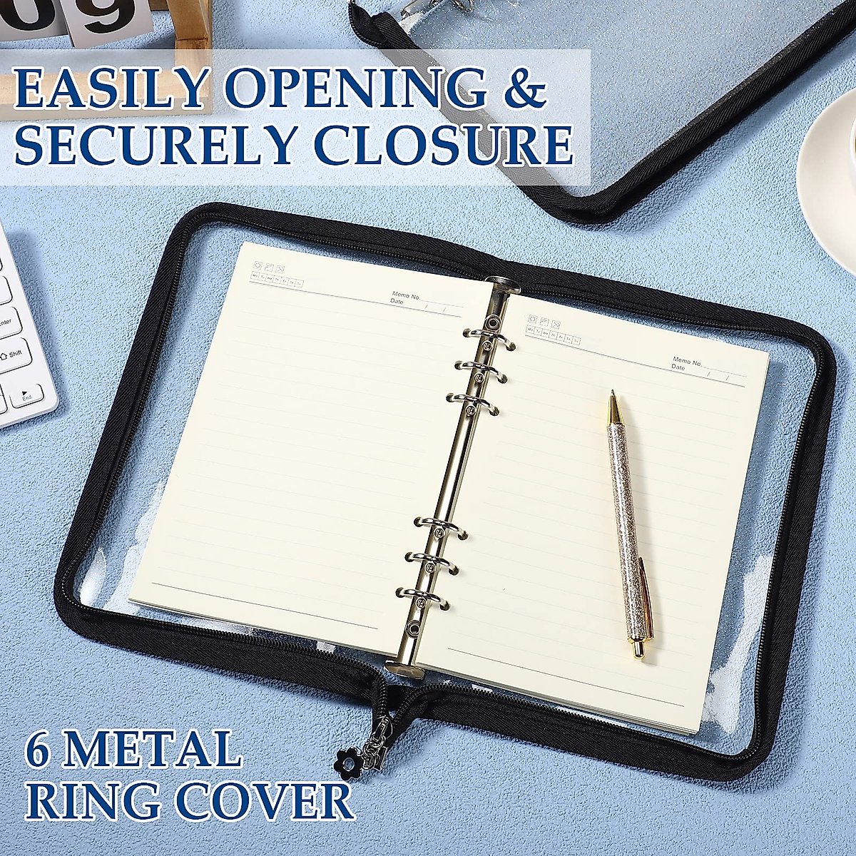 4 Pcs A5 Binder Photocard Binder with Inner 6 Ring, Clear K-Pop A5 Album PVC Photo Album Organizer with Zipper, Soft Reusable Notebook Shell,10"x7"(Black)