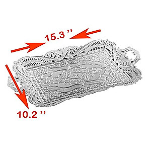 Silver Turkish Tea Coffee Serving Tray with Handles Metal for Outdoor Bar Dresser Platter Table Kitchen Antique Wedding Moroccan Copper Vanity Rectangle Fancy Brass Style Decorative Tray