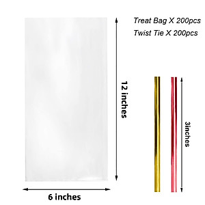 Morepack Cello Cellophane Treat Bags,6x12 Inches Cellophane Bags 200 Pcs with Twist Ties Plastic Cello Bags for Packaging Dessert,Bakery, Candies,Cookies,Chocolate,Party Favors