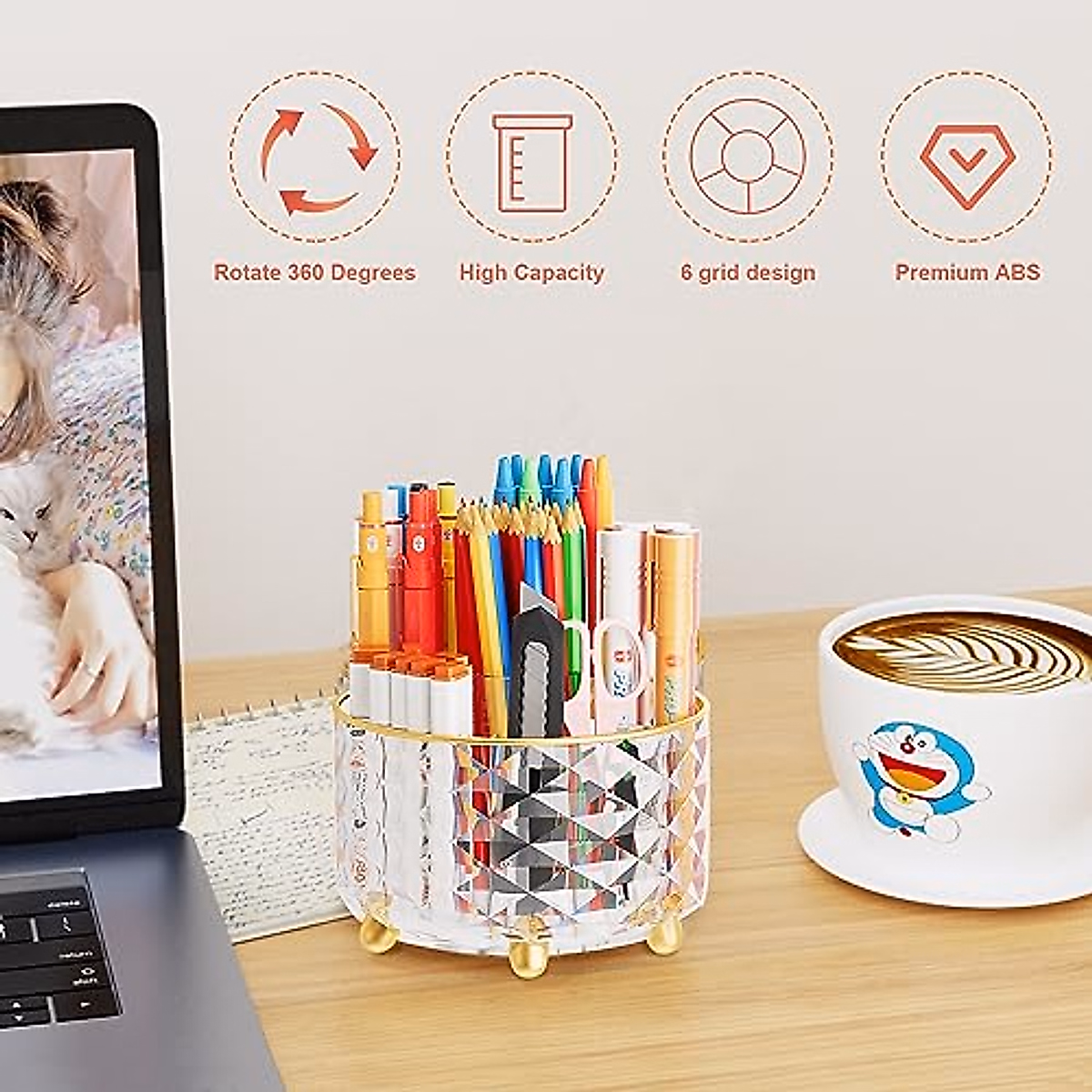 spxkd Desk Pencil Pen Holder 360 Degree Rotation 6 Slots Pencil Pen Cup Desk Organizer MultiFunctional Pen Pencil Marker Art Supply Organizer for Desk for Home Office Classroom & Art Studio