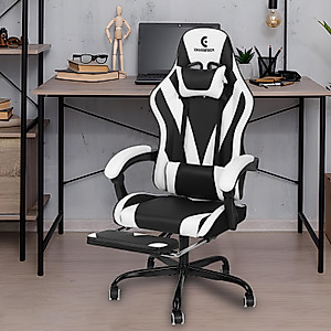 ErgoDesign Gaming Chair with Linkage Armrest & Footrest, High Back Video Gaming Chair, Black/White