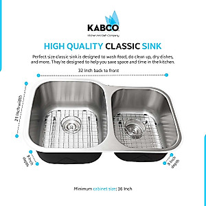 KABCO 32 Inch Double Unequal Bowl Classic Kitchen Sink with Sink Strainers, Sink Grids, Rolling Up Grid and a Removable Garbage Basket 16 Gauge Undermount Rust, Sound and Heatproof