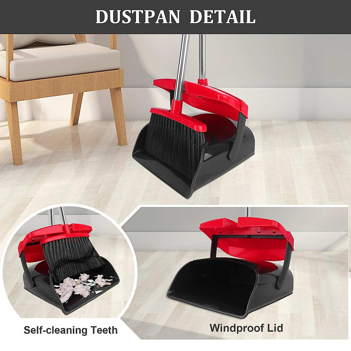 Broom with Dustpan Combo Set,UDUK 51'' Long Handle Broom with Standing Dustpan for Home, Heavy Duty Broom and Dustpan Set with Lid and Cleaning Teeth, Ideal for Pet Store Kitchen Indoor Outdoor (Red)