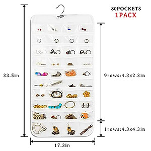DonYeco 1 Pack Hanging Jewelry Organizer, 80-Pocket Jewelry Organizer Hanging, for Jewelry Earring Necklace Bracelet Ring Storage Travel Holder