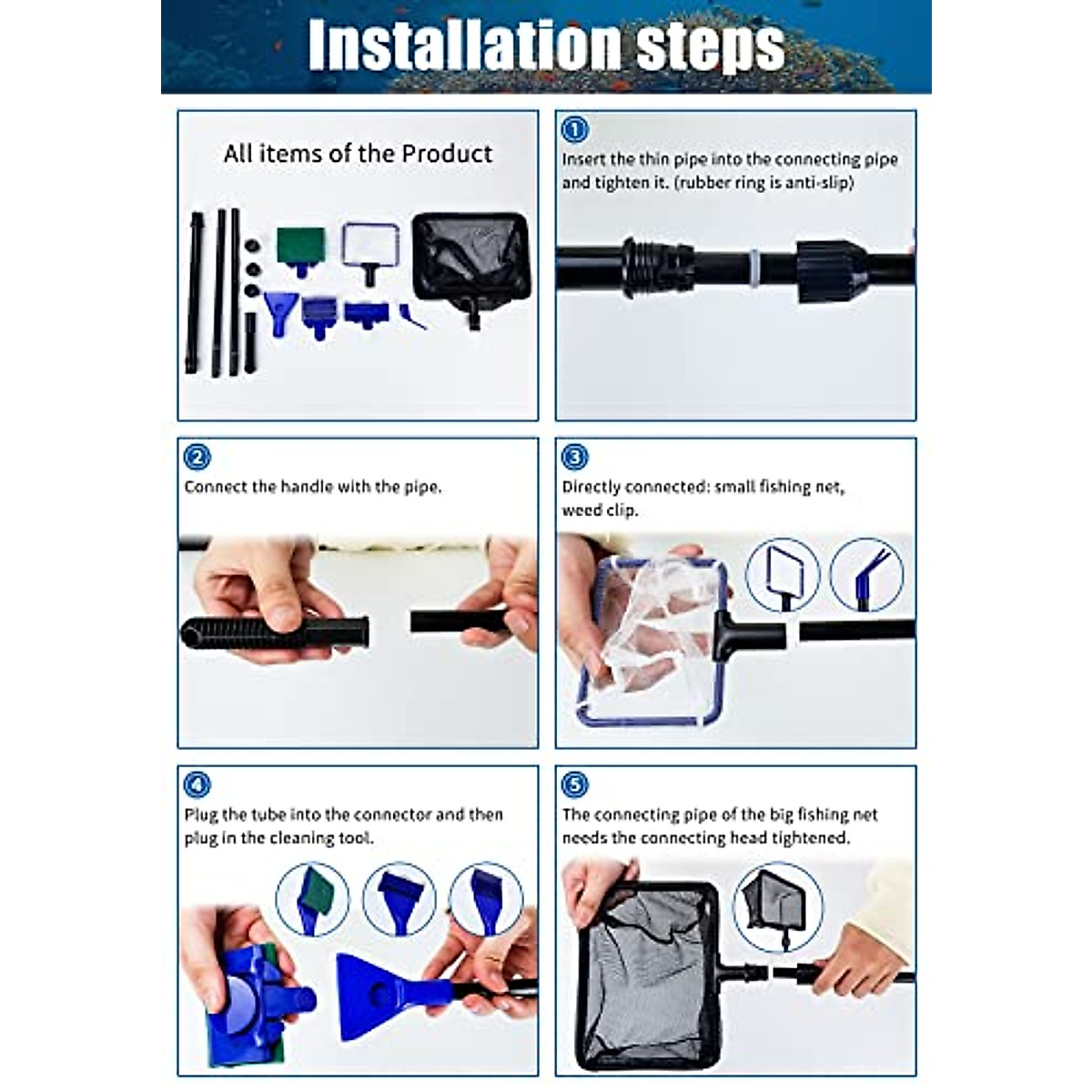 Wedoelsim Aquarium Scrubber 6 in 1 Clean Tool Fishing Nets, Gravel Rake, Fish Tank Brush, Aquatic Grass Clip, Algae Scraper