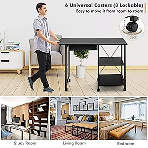 Tangkula Folding Computer Desk, Modern Writing Table w/ 2-Tier Storage Shelves, PC Laptop Study Table Workstation w/ 6 Wheels, Space Saving Compact Home Office Desk for Small Apartment (Black)