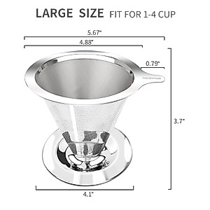 Hanlomele Pour Over Coffee Dripper, Paperless Reusable Coffee Filter, Pour Over Coffee Maker for Single Cup Brew, Double Mesh Design of Stainless Steel Cone Filter for Perfect Extraction (1-4 Cup)
