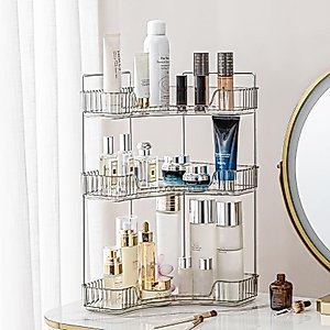 DEAMACE Corner Bathroom Counter Organizer, Bathroom Counter Shelf, Makeup Organizer for Vanity, Bathroom Organizer for Skincare, Cosmetics, Perfumes, Lotions, Toiletries (3 Tiers, Grey)