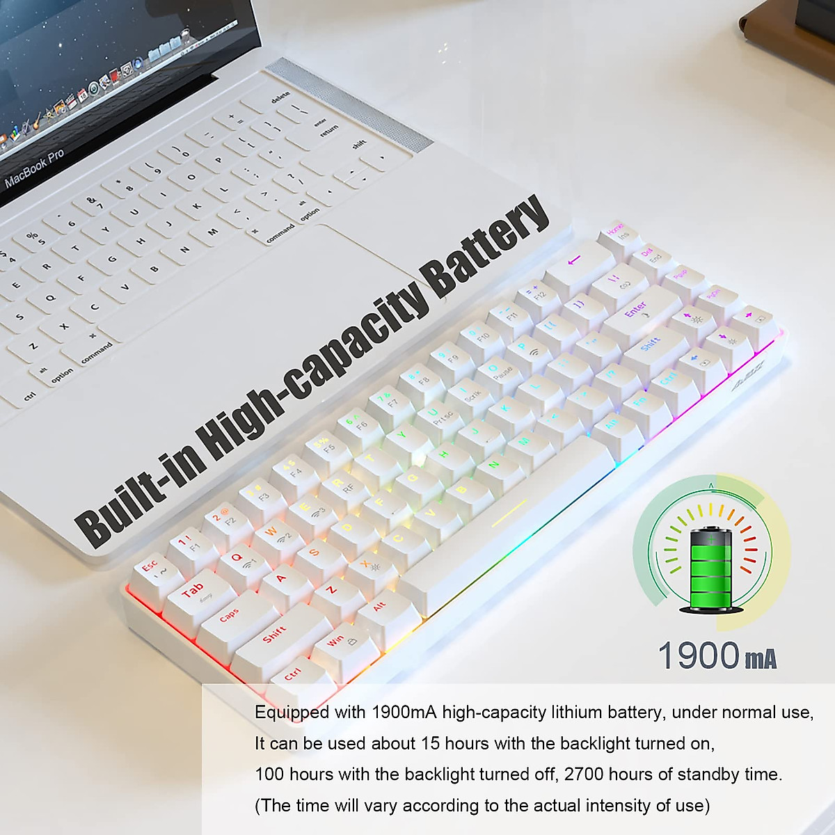 Ajazz K685T Wireless 60% Mechanical Keyboard, Bluetooth/2.4G/Wired Multi-Mode, RGB Backlight, N-Key Rollover 68 Keys, Hot Swap Switch, Compatible for Multi-Device Connection (White, Brown Switch)