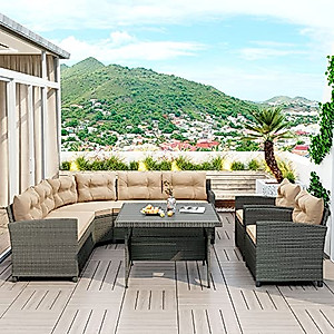 Outdoor Patio Furniture Conversation Sets Dinning Set, with Plywood Table, 6 Pieces All-Weather PE Wicker Curved Cushioned Sectional Sofa Set with Pillows (6-Piece + Beige + Plywood Table)
