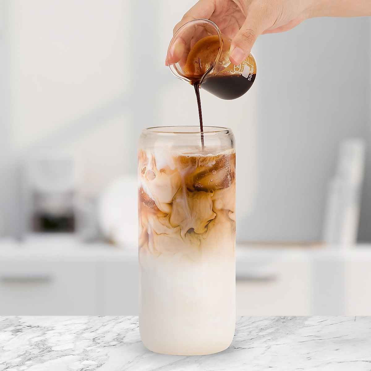 20 OZ Glass Cups with Acacia Lids and Glass Straws - 4pcs Set Beer Can Shaped Drinking Glasses, Iced Coffee Glasses, Cute Tumbler Cup for Smoothies, Juices, Boba Tea, Water - Cleaning Brush Included