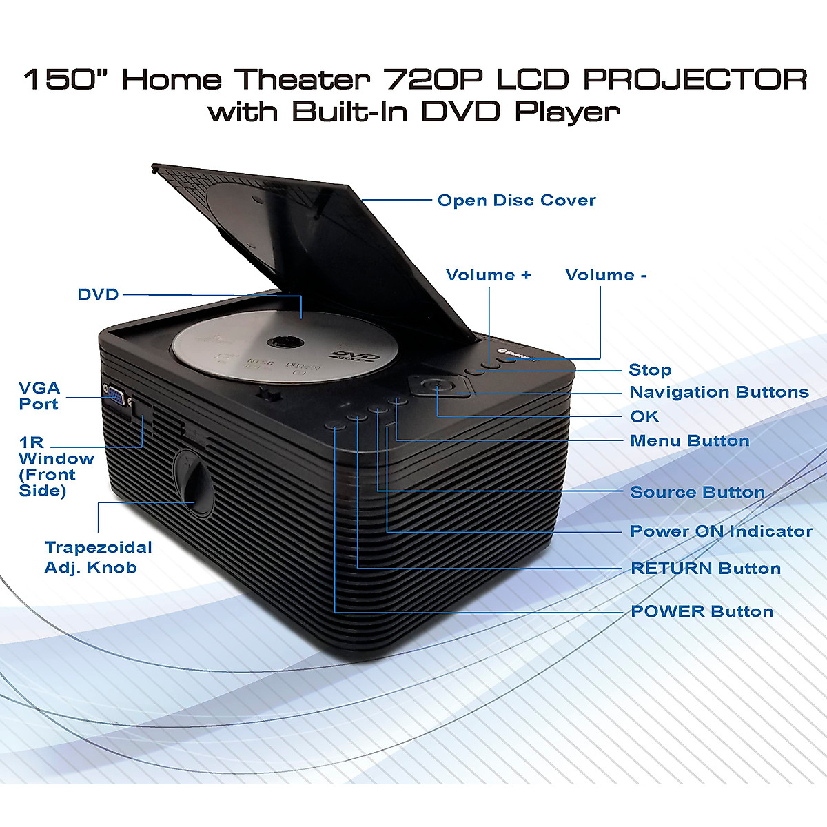 Naxa NVP-2500 150-Inch Home Theater 720p LCD Projector with Built-in DVD Player and Bluetooth