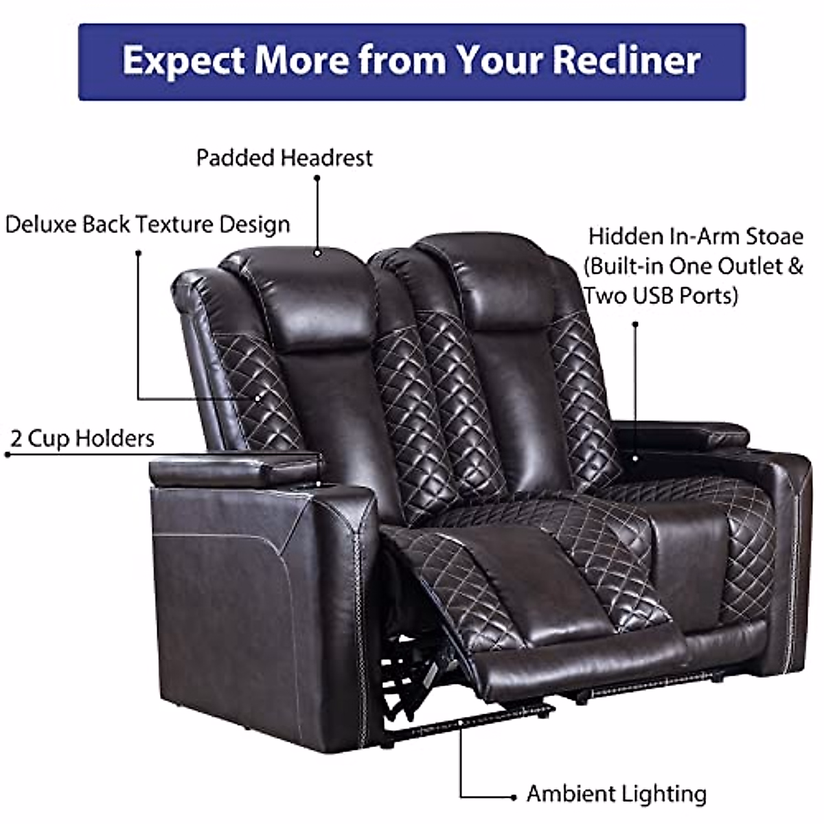 CANMOV Home Theater Seating, Electric Power Recliner with USB Ports and Cup Holders, Breathable Faux Leather Loveseat with Hidden Arm Storage, Ambient Lighting (Row of 2 Loveseat, Brown)